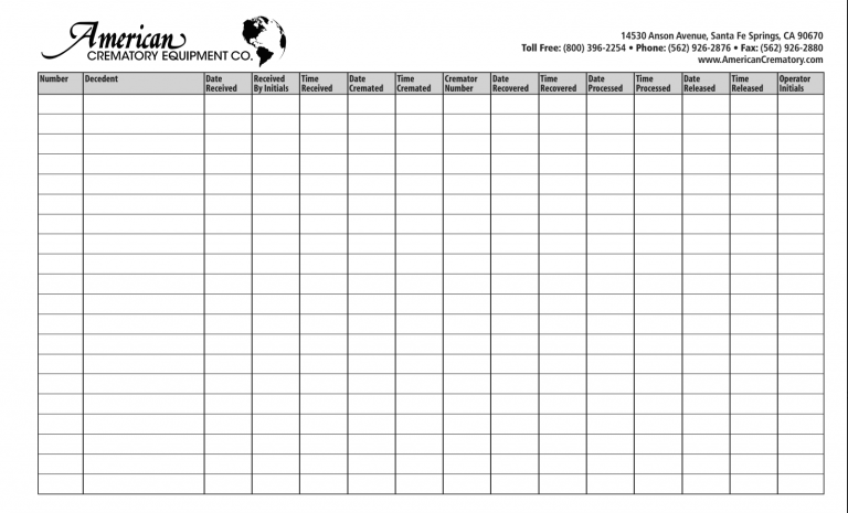 Crematory Operator Log Book – American Crematory Equipment Co